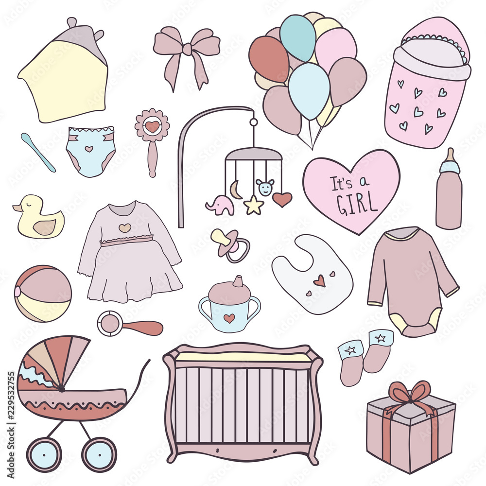 Baby girl cute hand drawn set of objects for baby shower and newborn ...