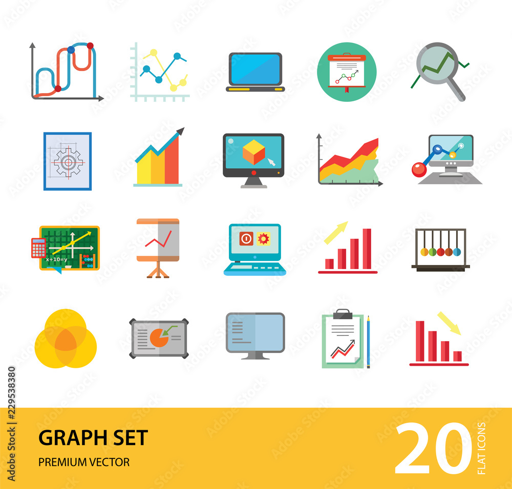 Graph Icon Set. Magnifier And Graph Growing Bar Chart Declining Bar ...