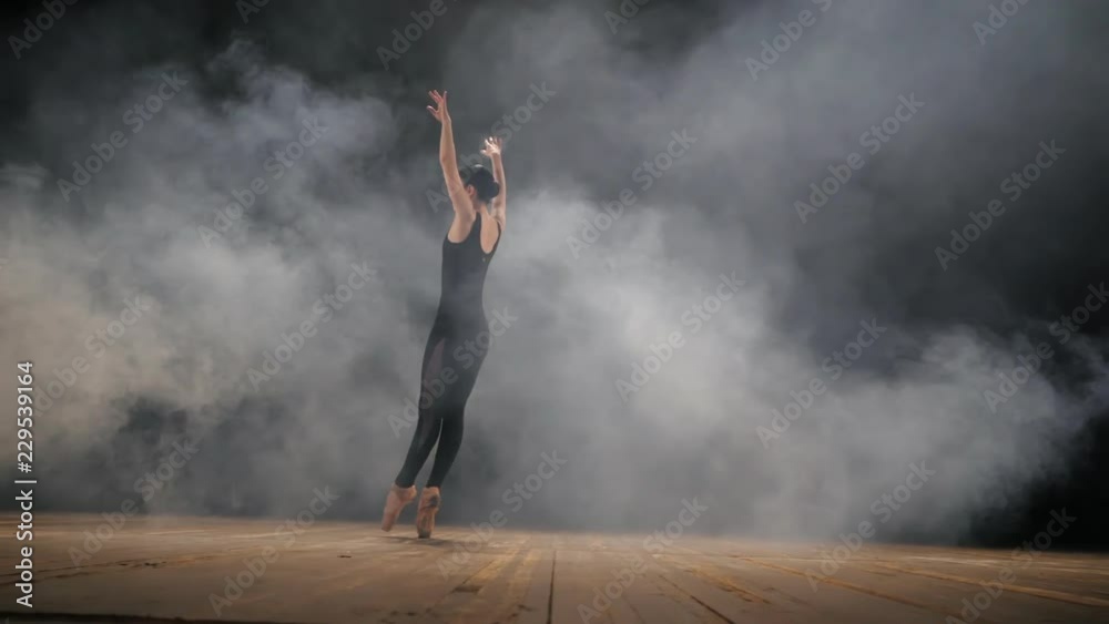 Young beautiful ballerina on smoke stage dancing modern ballet ...