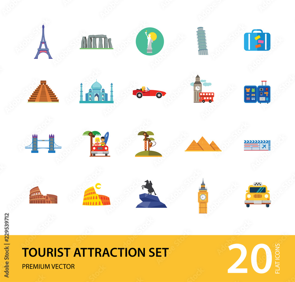 Vetor de Tourist attraction icons set. Thirteen vector icons of Eiffel ...