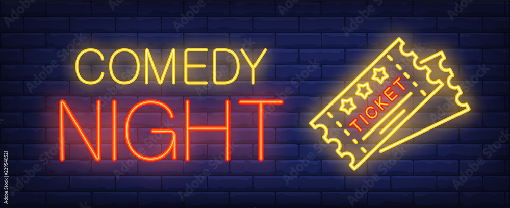 Comedy night neon text with tickets. Show invitation advertisement ...