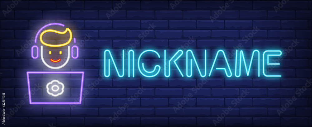 Nickname neon text with boy playing computer game. Computer games and ...