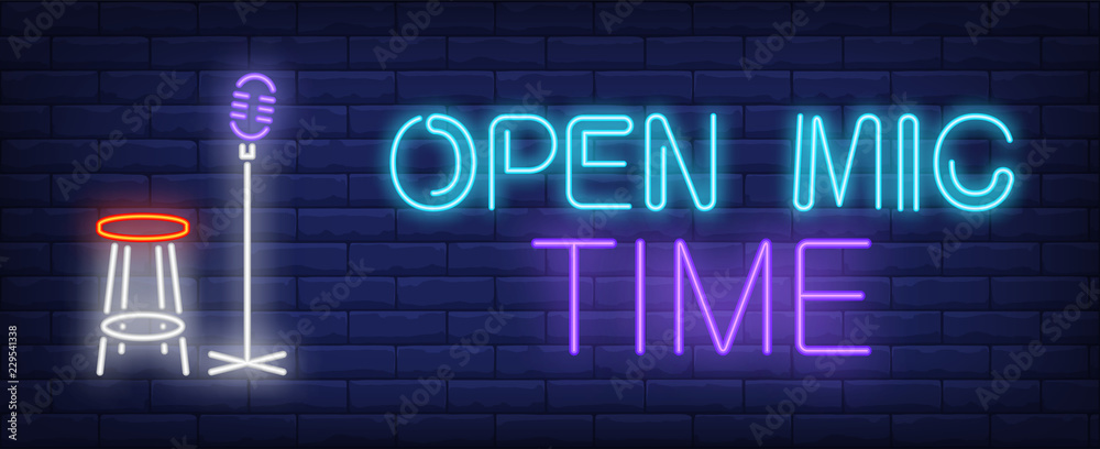 Open mic time neon text with microphone and stool. Show invitation ...