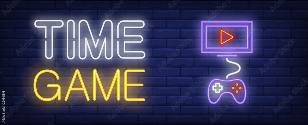 Time game neon text with joystick and monitor. Computer games and ...