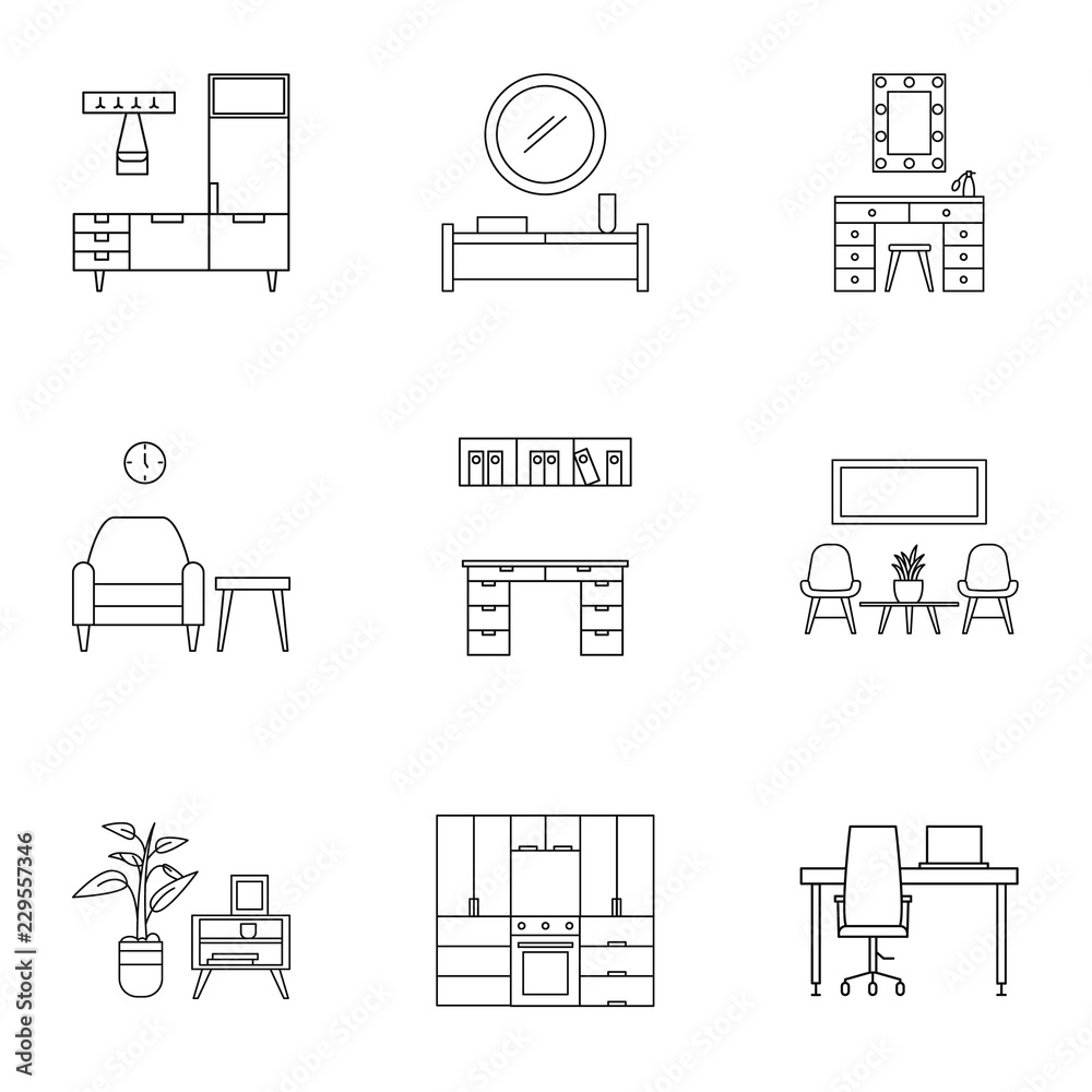 House furniture icon set. Outline set of 9 house furniture vector icons ...