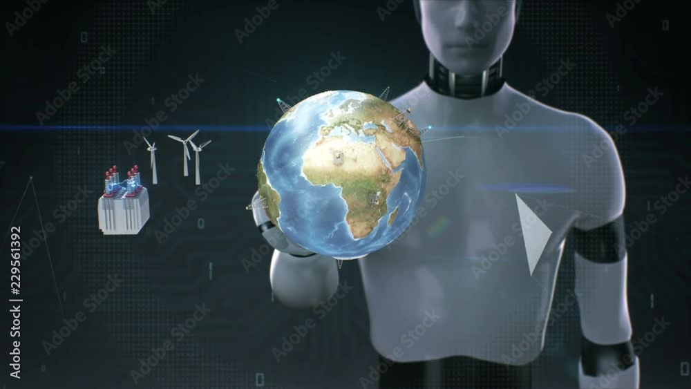 Robot, cyborg touching global earth, Smart Factory, solar panel, wind ...
