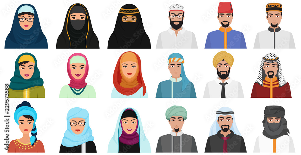 Islam cartoon people icons. Arabic muslim avatars muslim face heads of ...