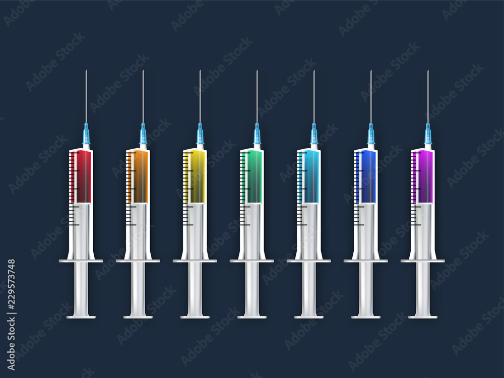 Translucent syringes with needle and with liquid serum isolated on ...