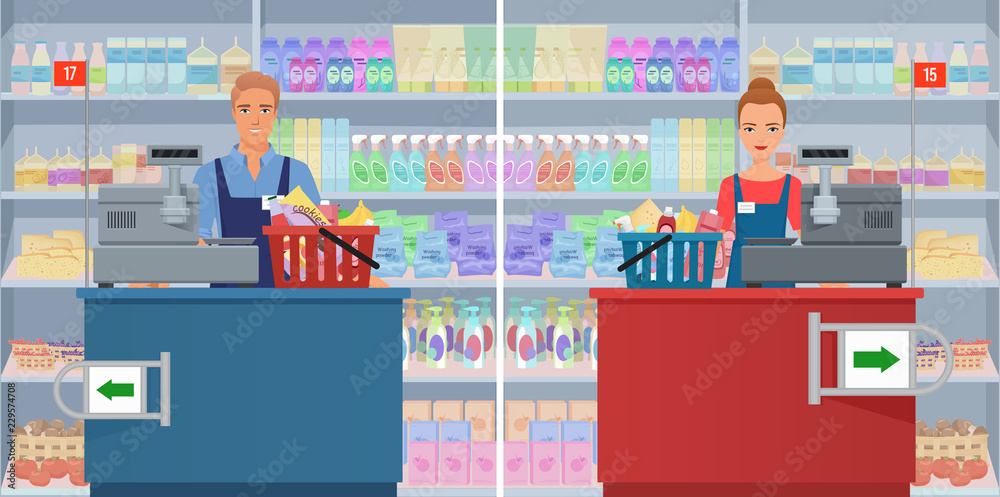 Young man and woman cashier at the checkout in supermarket. Vector ...
