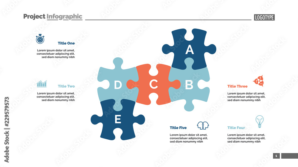 Puzzle chart with five elements. Diagram, slide, template. Creative ...