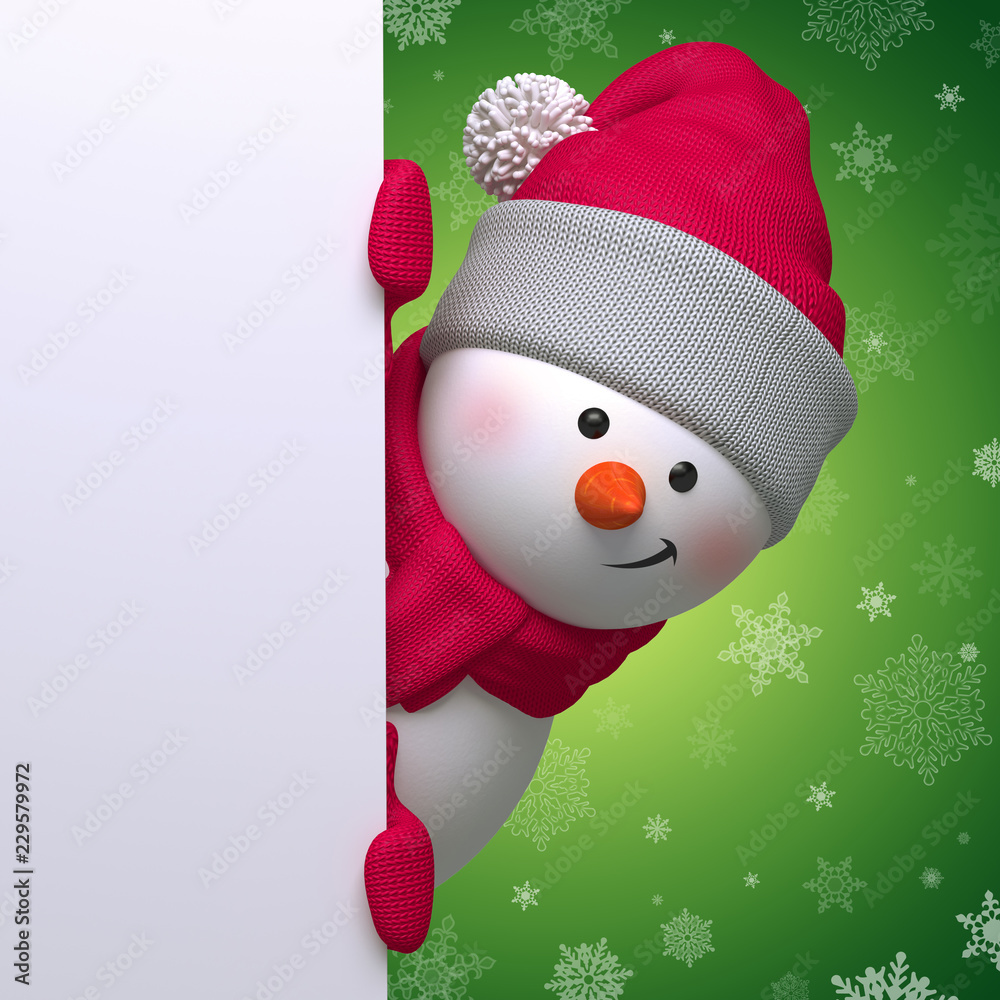 3d snowman looking out the corner, looking at camera, holding Christmas ...