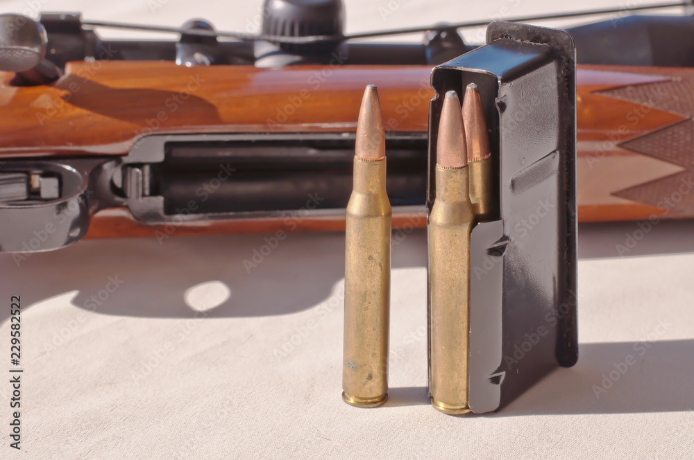 A 30.06 rifle shown laying on it's side with a magazine loaded with ...