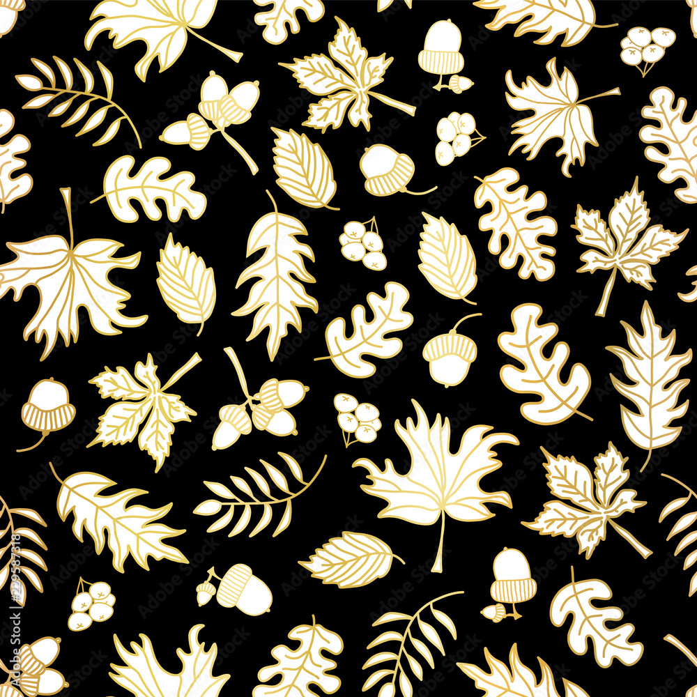 Gold foil autumn leaves seamless vector background. Golden and white ...