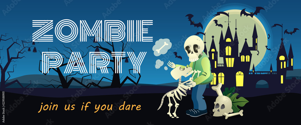 Zombie party festive banner design. Human and dog skeletons, skull ...