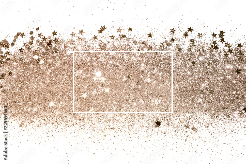 Abstract frame of gold glitter and glittering stars sparkle on white ...