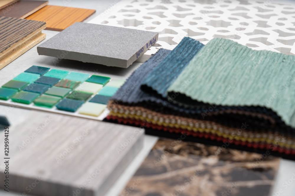 samples of material, wood , on concrete table.Interior design select ...