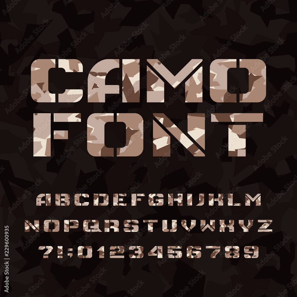 Camo stencil alphabet font. Type letters and numbers on a dark ...