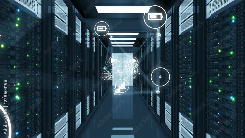 Moving Through Network Icons Connections in Modern Data Center Room ...