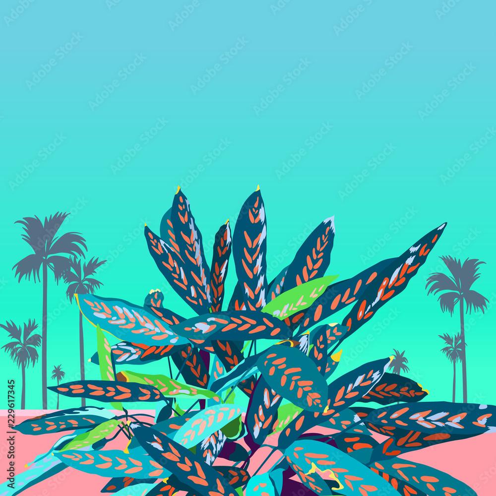 Exotic summer plant neon beach background Stock Vector | Adobe Stock