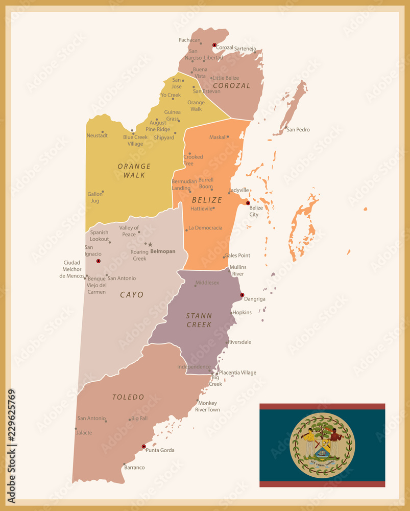 Vintage Map of Belize with flag. Highly detailed vector illustration ...