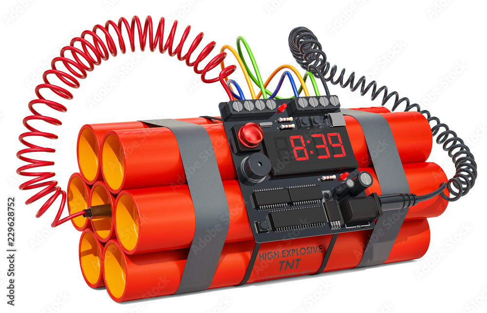 TNT Bomb Explosive With Digital Countdown Timer Clock 3D Rendering