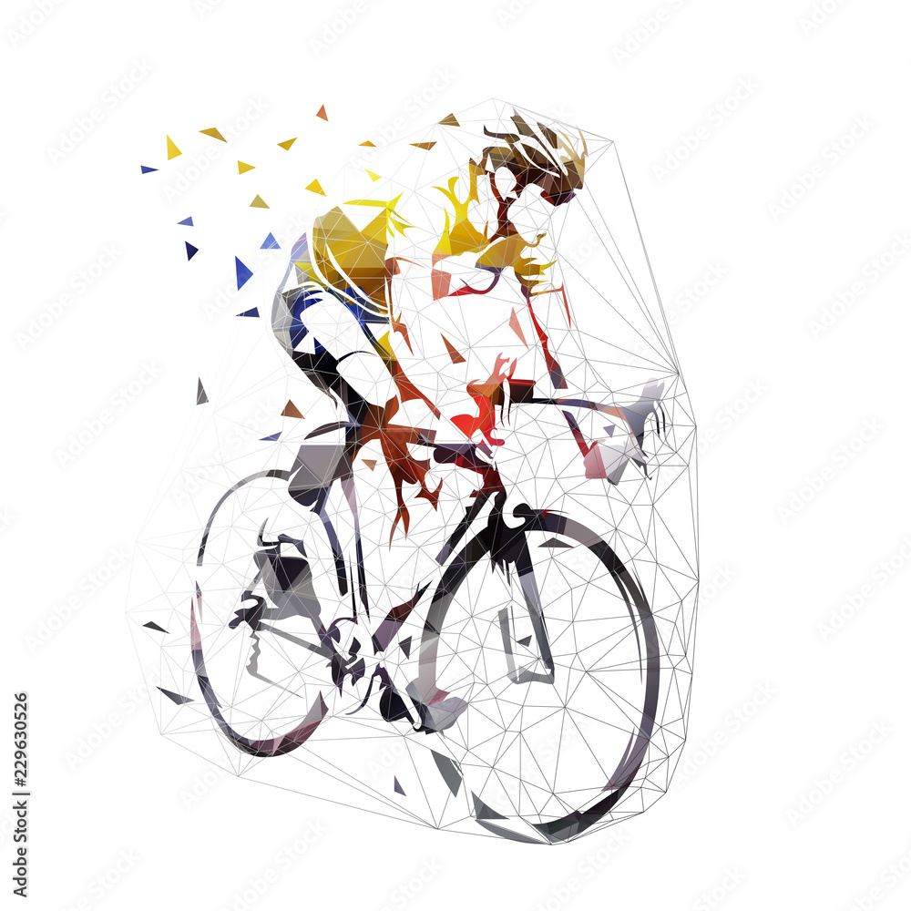 Road cycling, cyclist in yellow jersey, low polygonal vector ...