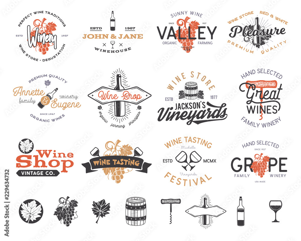 Wine logos, labels set. Winery, wine shop, vineyards badges collection ...