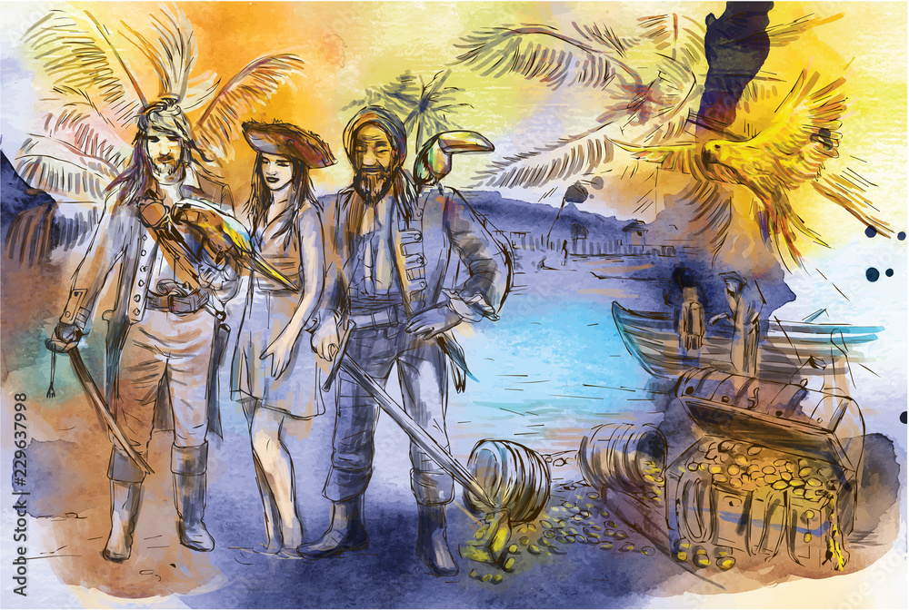 Pirates. An hand drawn illustration. Freehand drawing, painting. Vector ...