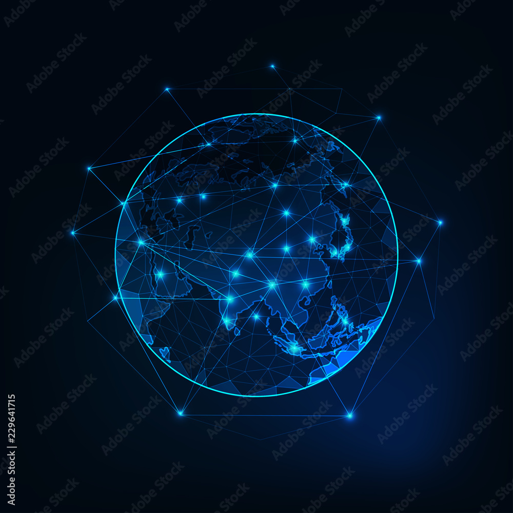 Asia map continent outline on planet Earth view from space abstract ...