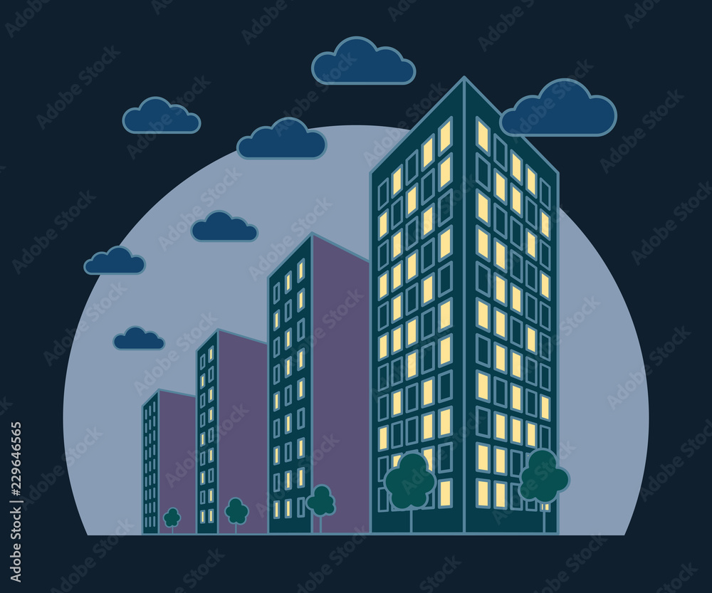 City landscape view at night, high buildings with lights in windows ...