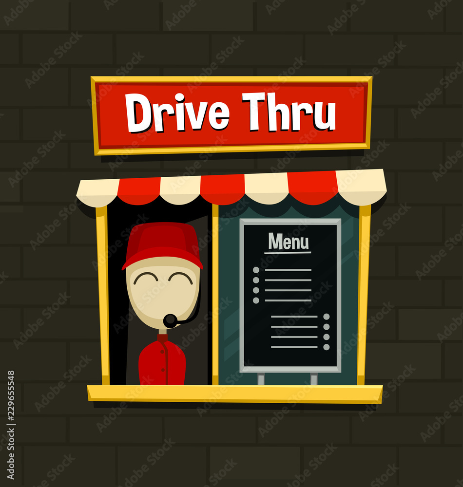 vector cartoon hand drawn doodle drive thru easy fast food illustration ...