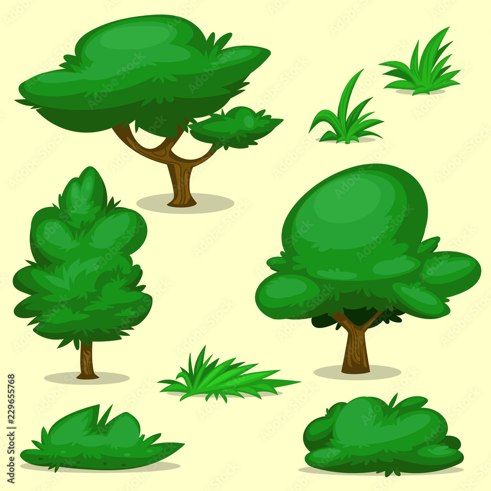 vector cartoon hand drawn tree bush grass isolated illustration ...