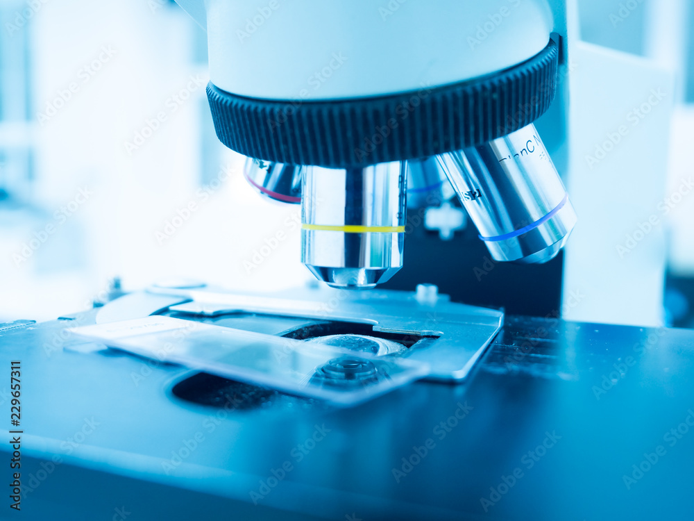 Selective focus microscope lens and glass slide at cytology and ...