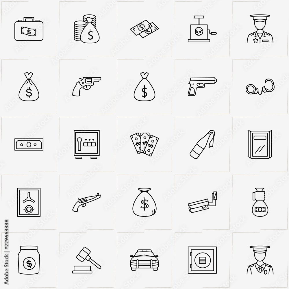 Vetor de Criminal line icon set with revolver, gun and police shield do ...