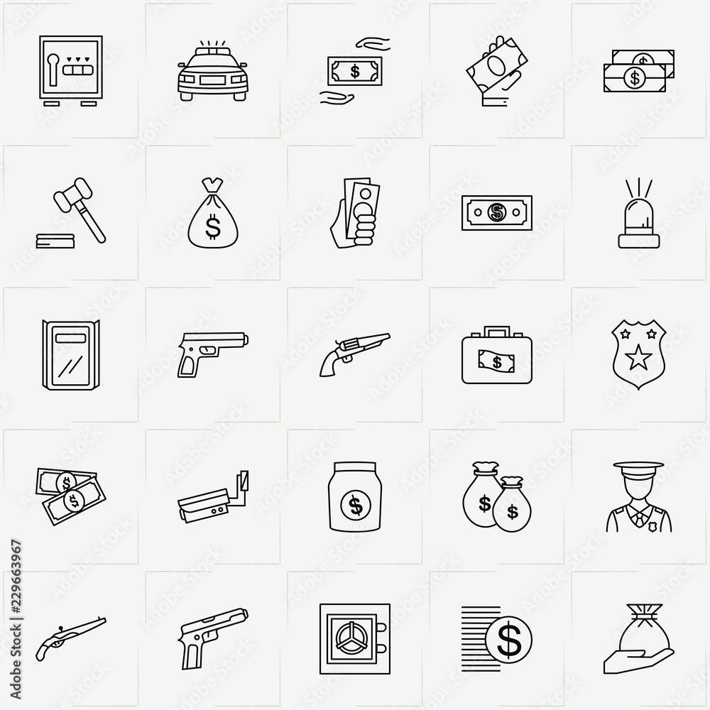 Criminal line icon set with money case, video surveillance and revolver ...
