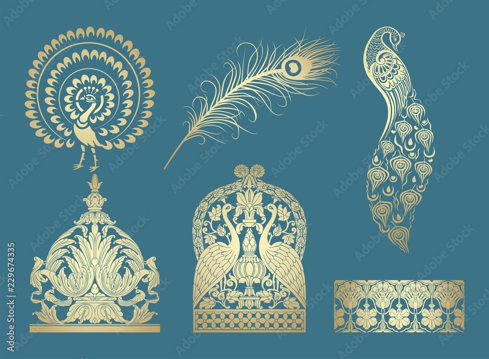 peacock motif designs, textile , Rajasthan, royal India Stock Vector ...