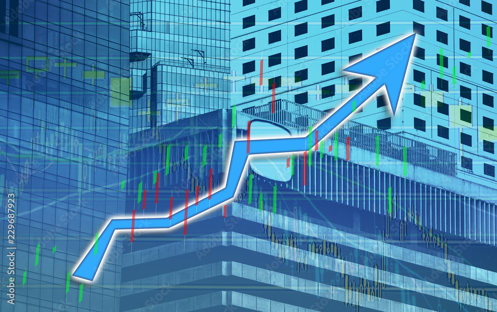 Stock index graph and chart in modern building background (blue bull ...