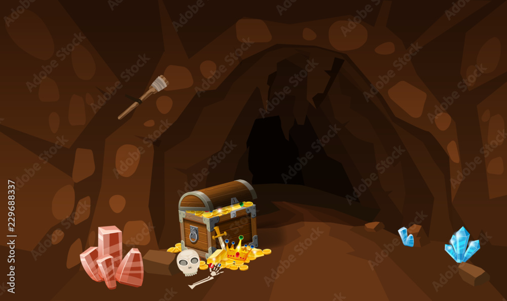 Treasure cave with chest gold coins, gems. Screen to the computer game ...