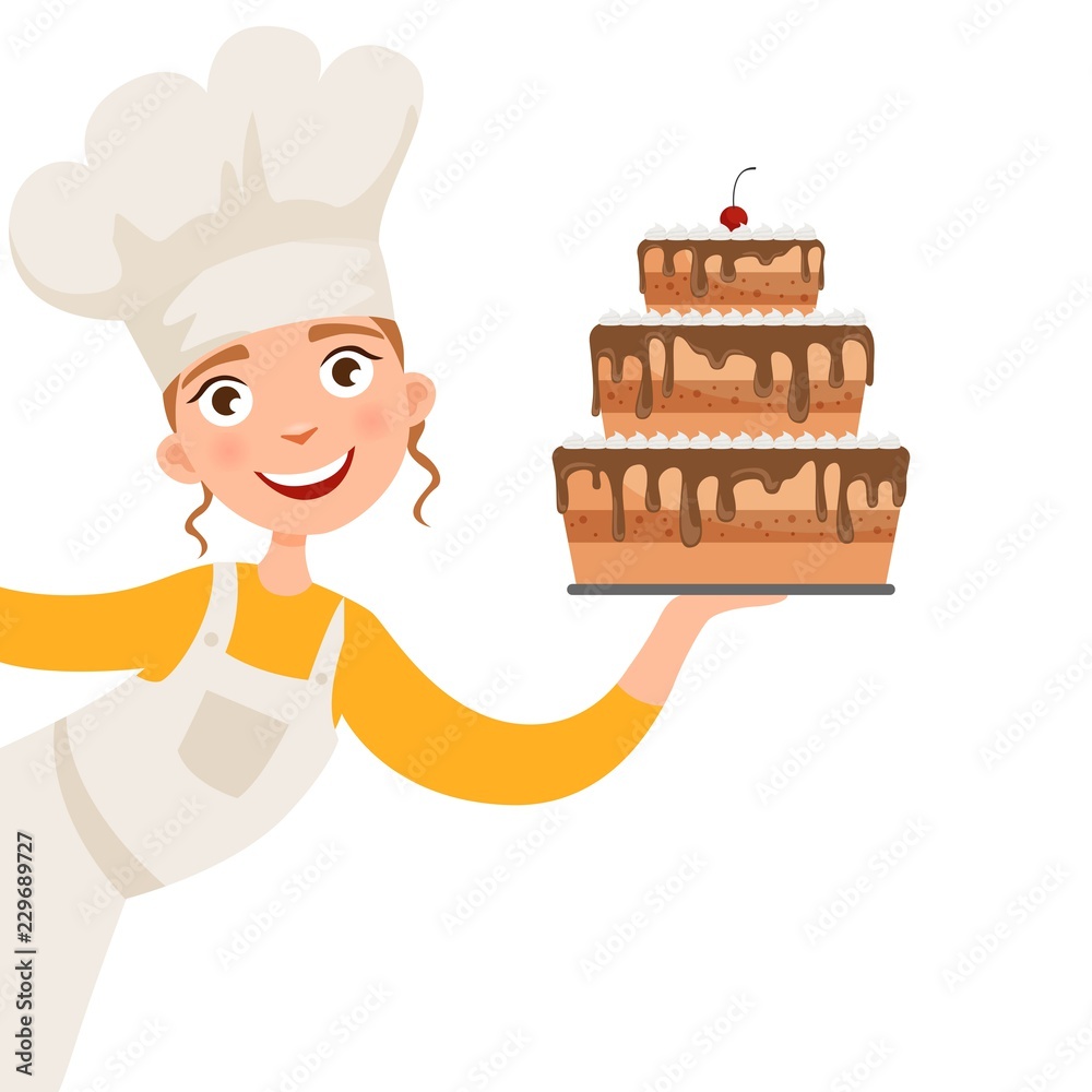Illustration of a girl holding a cake. Stock Vector | Adobe Stock