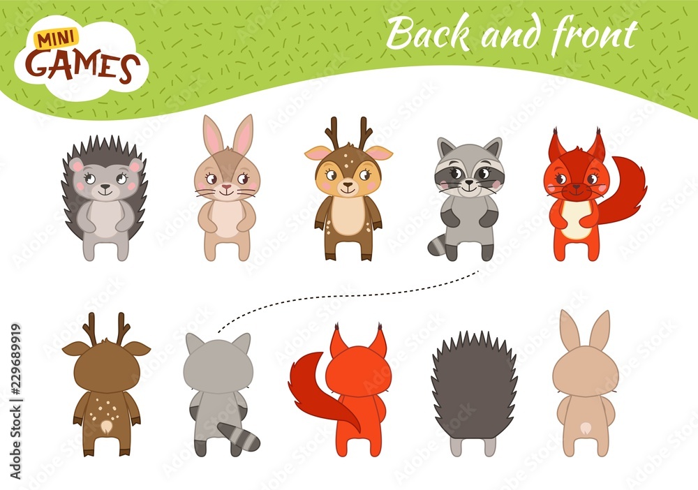 Educational game for children. Learning back and front. Cartoon forest ...