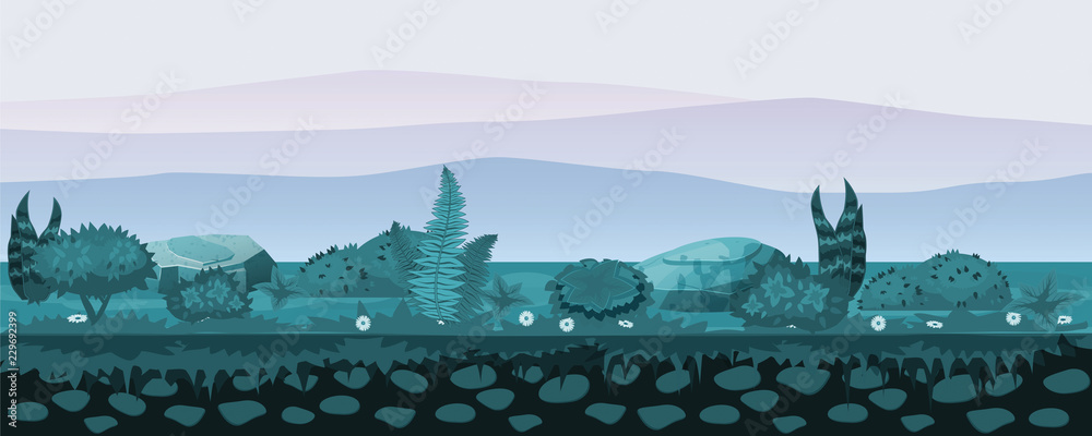 Soil and land with different types of vegetation, grass, foliage ...