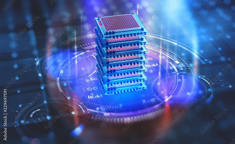 Futuristic Data center. Big Data analytics platform. Quantum processor ...