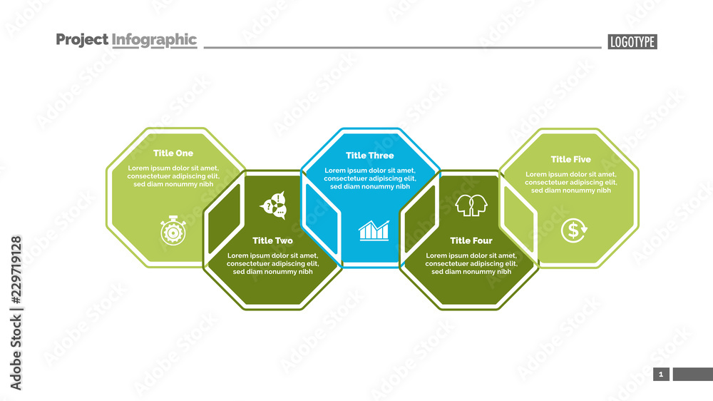 Five octagons process chart slide template. Business data. Strategy ...