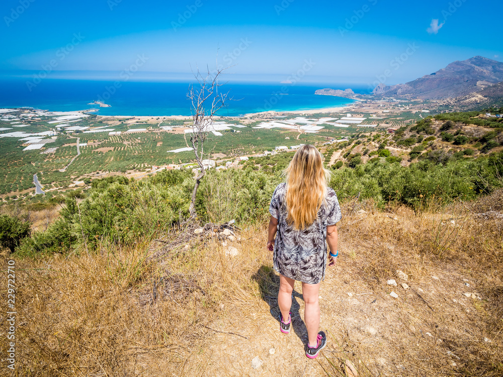 Crete, Greece: Blonde pretty girl enjoying beautiful views of ...
