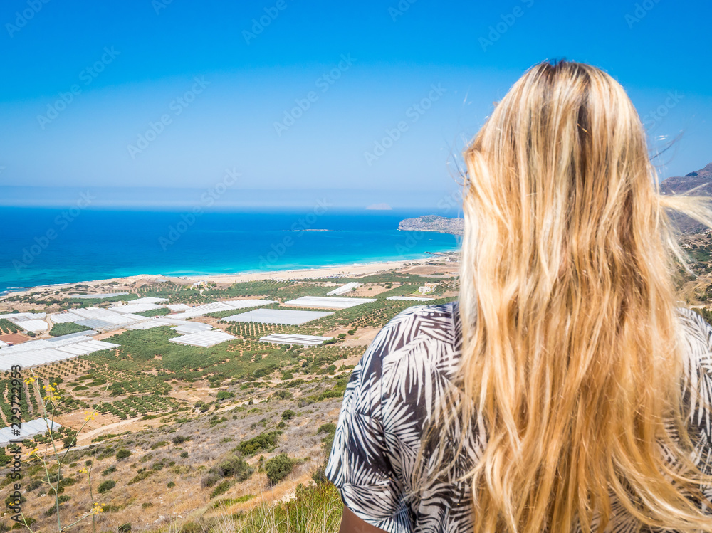 Crete, Greece: Blonde pretty girl enjoying beautiful views of ...