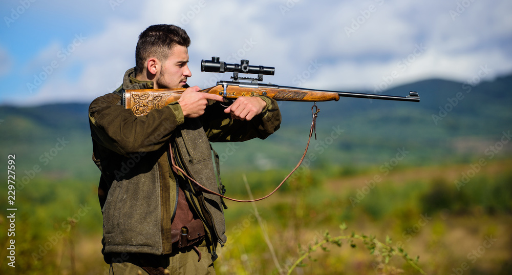 Guy hunting nature environment. Hunting weapon gun or rifle. Masculine hobby activity. Hunting ...
