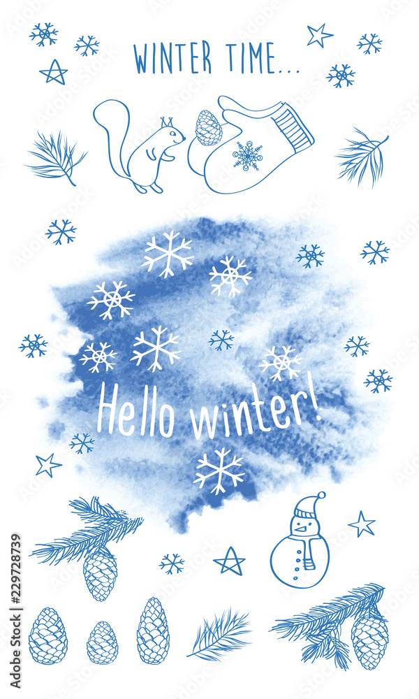 Hello winter. Set of Christmas, New Year pictures. Snowflakes on the ...