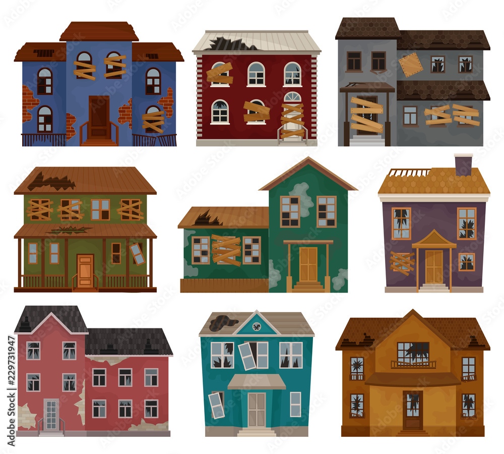 Flat vector set of abandoned houses with broken roof, boarded up ...