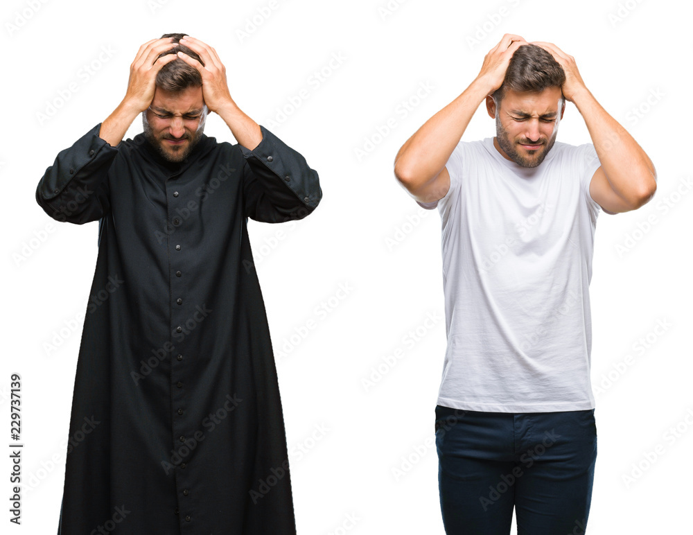 Collage of handsome young man and catholic priest over isolated ...