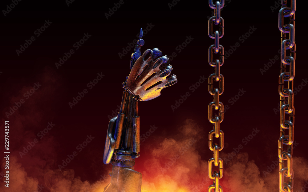 Robot hand thumb up immersed in a hot metal cauldron. Advertising ...